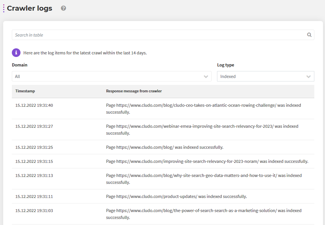 How to review the crawler log | Cludo Knowledge Base